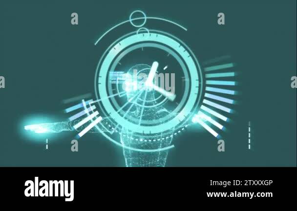 Animation of clock moving fast and scanner processing data with human body moving on green ...