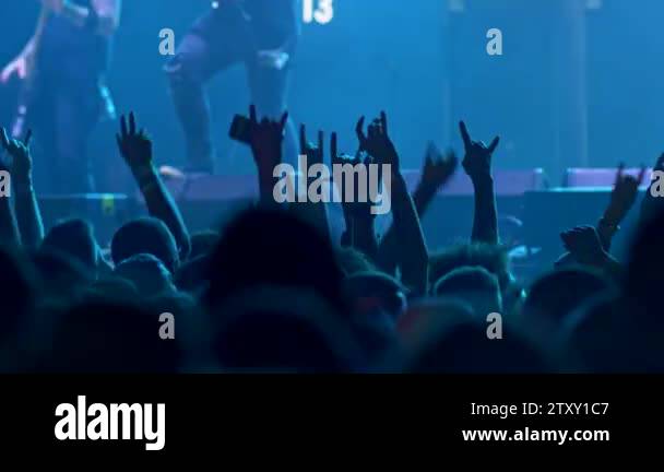 People in a crowd jumping to the groove during a rock concert. They ...