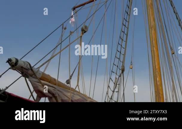 The ropes and the flag of the old viking ship GH4 UHD Stock Video ...