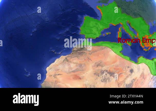 Roman Empire boundaries. Imperial on 3D rotating old historic world map ...