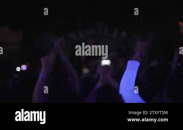 Large group of happy people enjoying rock concert, clapping with raised ...