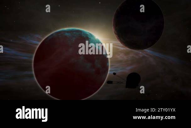 The satellite is flying to distant solar system. Deep cosmos and exotic ...