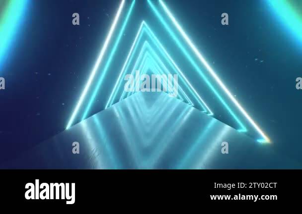 Flying through glowing rotating neon triangles creating a tunnel, blue ...