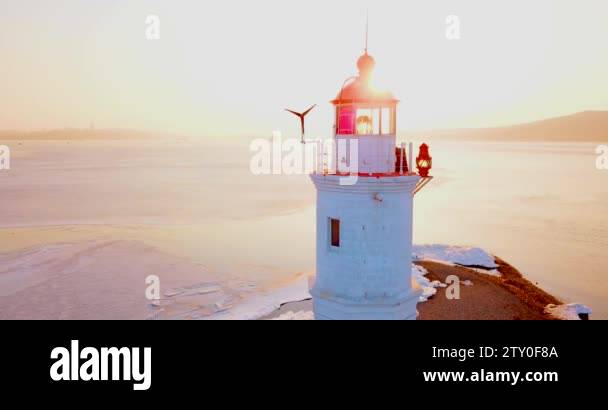 Top aerial panoramic view of Tokarev Lighthouse in Vladivostok. The ...