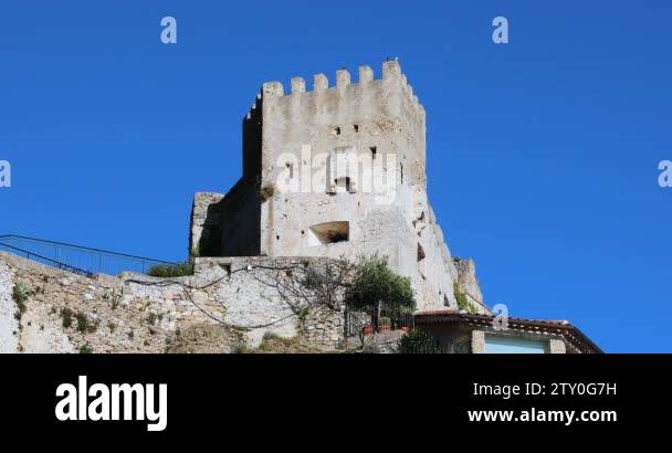 Castle Of Roquebrune-Cap-Martin With Paragliding In The Blue Sky, Old ...