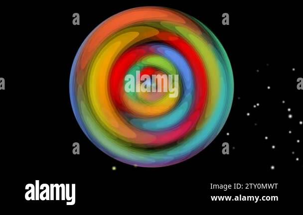 Abstract rainbow turning disc and flying light particles on black ...