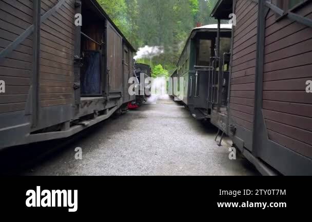 walk between retro trains, Old steam locomotive close-up, Steam narrow ...