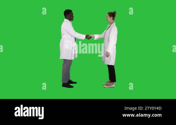 Doctors shaking hands and posing to camera on a Green Screen, Chroma ...