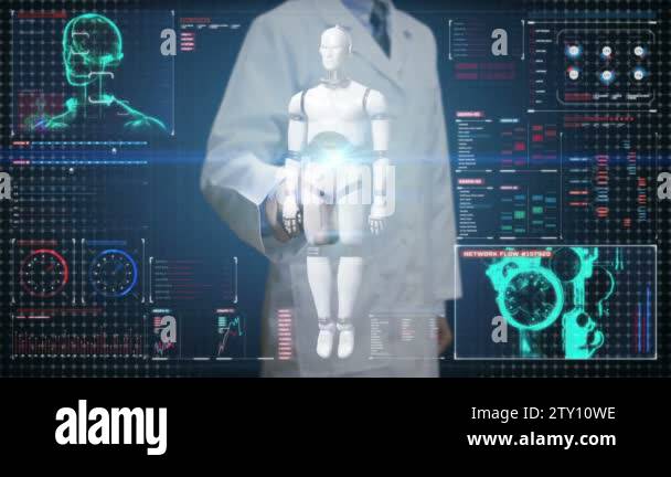 Doctor touching digital screen, Scanning transparency robot cyborg body ...