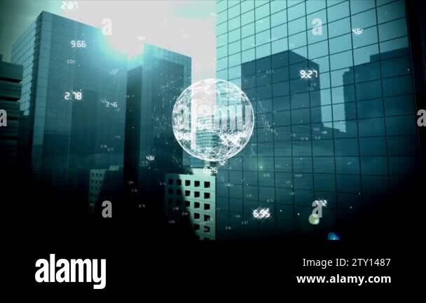 Digitally generated animation of turning globe moving among skyscraper ...