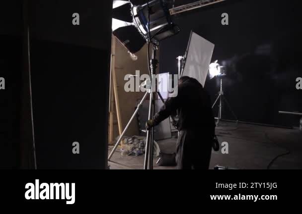 Lighting on the set of the film during filming. Filmmaking. Shooting ...