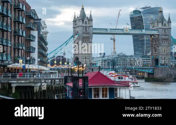 Tower Bridge from historic riverside street Shad Thames, time lapse ...