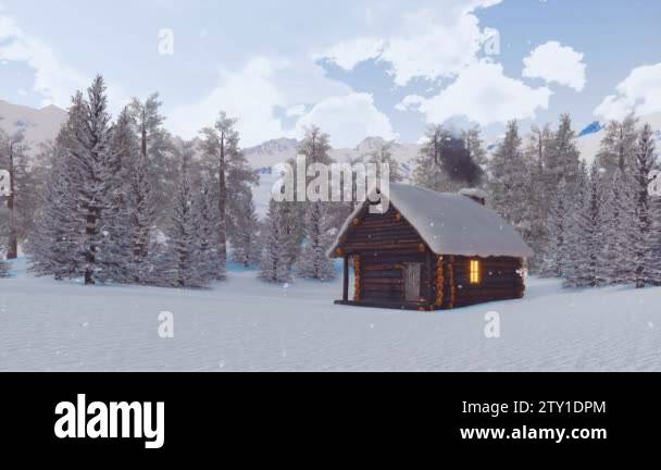 Cozy snow covered log cabin with smoking chimney and lighted window ...