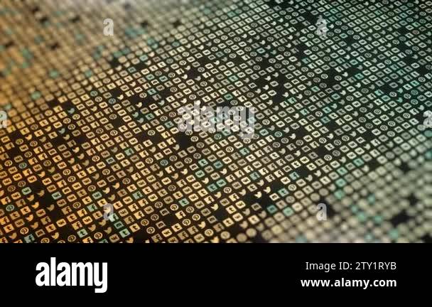 Abstract background with glowing app icons. Animation. Infinite number ...