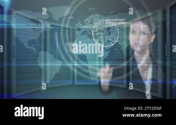 Digital composite of businesswoman touching digital animated world map ...