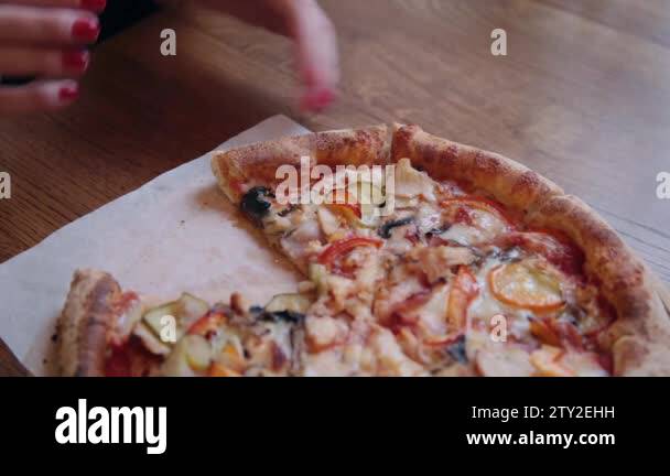Close-up Of People Hands Taking Slices Pizza. Frame. Takes eating a ...