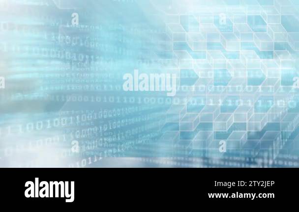 Digital Animation Of Binary Technology Code And Geometric Cubes Clouds In Blue Sky Stock Video