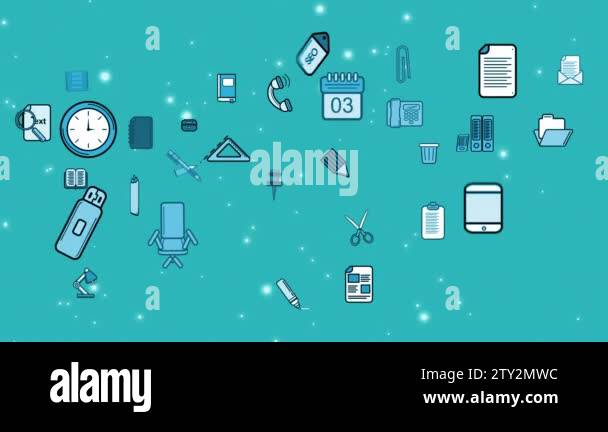 Digitally animated of school tools symbols on a blue background with ...