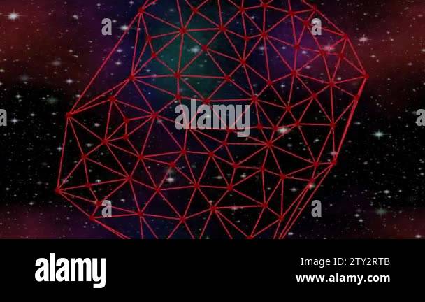 Red network rotating in cosmos on starry sky with nebula, Delaunay ...