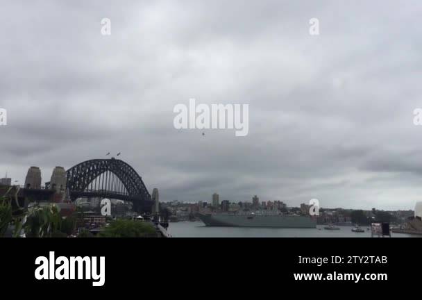 A jet flyby the Sydney Harbour Bridge and Opera House during the 2018 ...