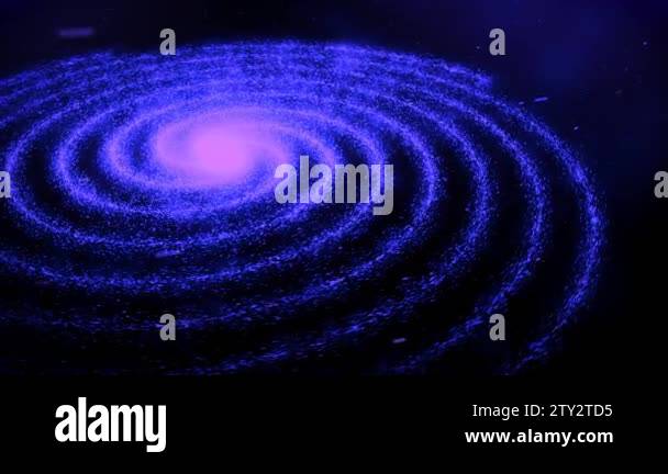 Abstract pink and blue tiny particles flying in a shape of spiral ...