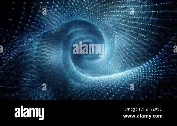 Abstract technological flight in digital space. Bright neon dots forming a data transmission ...