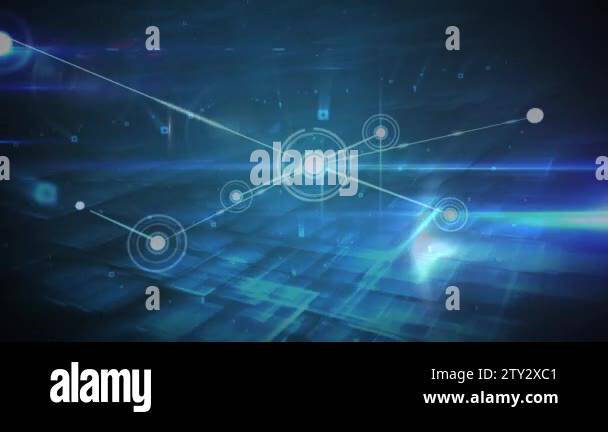Digitally animated of moving blue data connections on 3D floor with ...