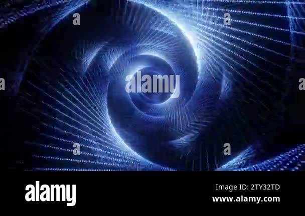 Abstract technological flight in digital space. Bright neon dots forming a data transmission ...