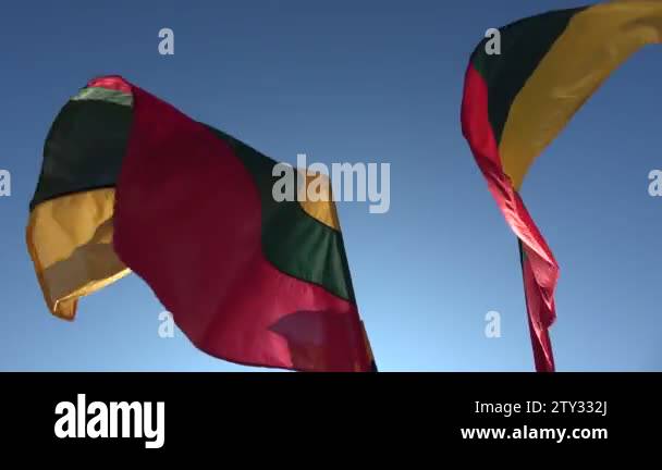 Three Lithuanian national flags in wind on sky background Stock Video ...