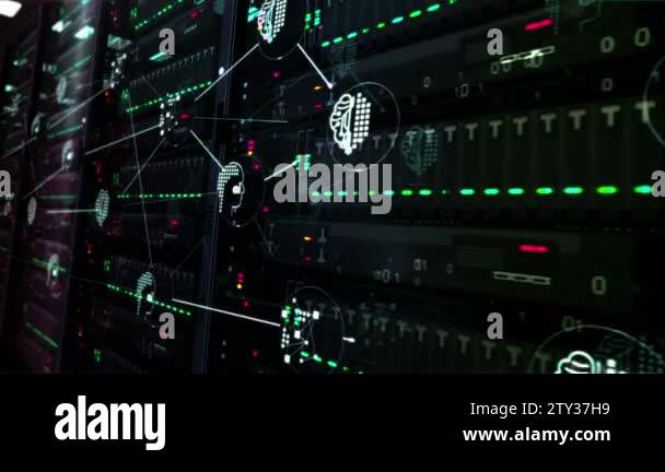 Futuristic datacenter with artificial intelligence, cybernetic brain, neural network computer ...