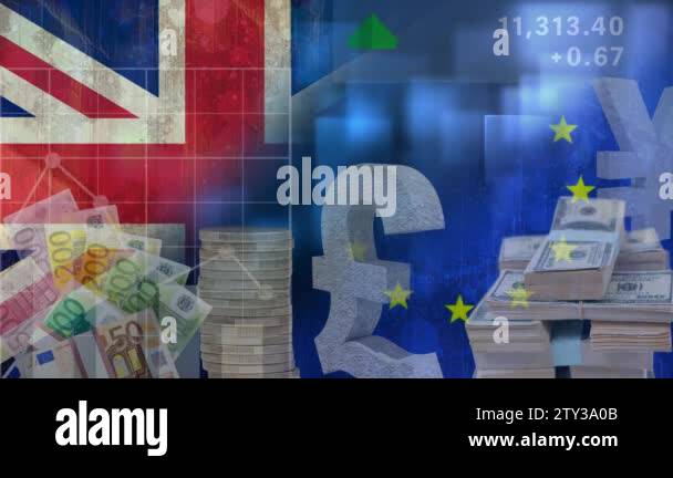 Pointing arrows with animated money in pounds and euro against animated ...