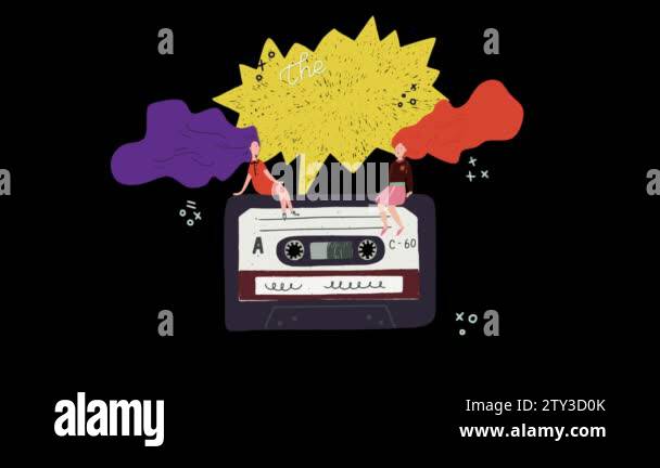 Motion graphic retro cassette spinning with two streaming long hear ...