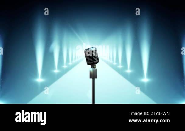 Digital animated Microphone on blue stage with lights on the sides ...