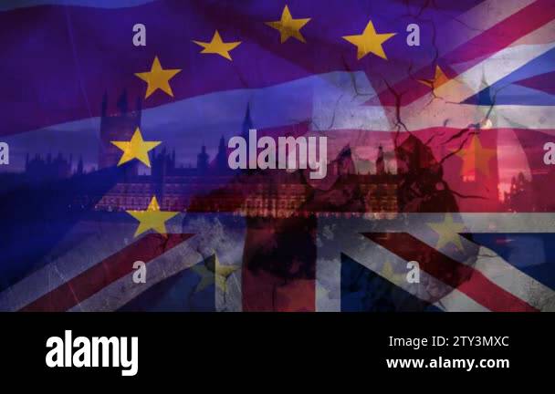 Famous London Building montage against animated EU and britain flag ...