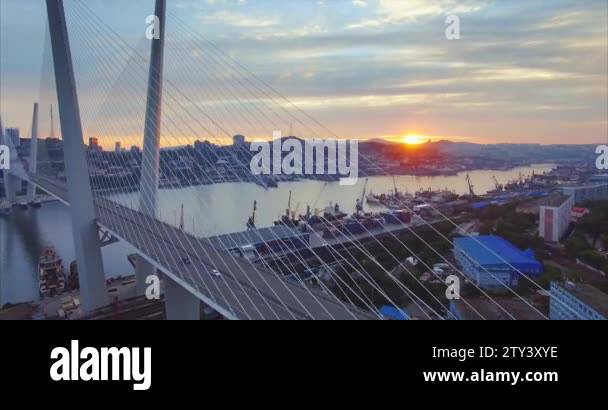 Flying sideways, beautiful aerial view of Golden bridge across Golden ...