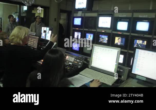 Monitor monitors in TV studio during tv ether. Control room Stock Video ...