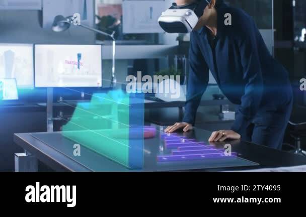 In the Office Professional Woman Wearing Augmented Reality Headset ...