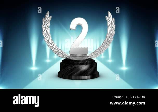 Animated Second place trophy on animated blue stage with lights on the ...