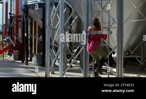 Rear view of caucasian female worker climbing ladder by storage tank ...