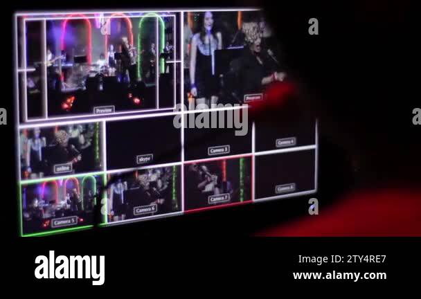 Monitor monitors in TV studio during tv ether. Control room Stock Video ...