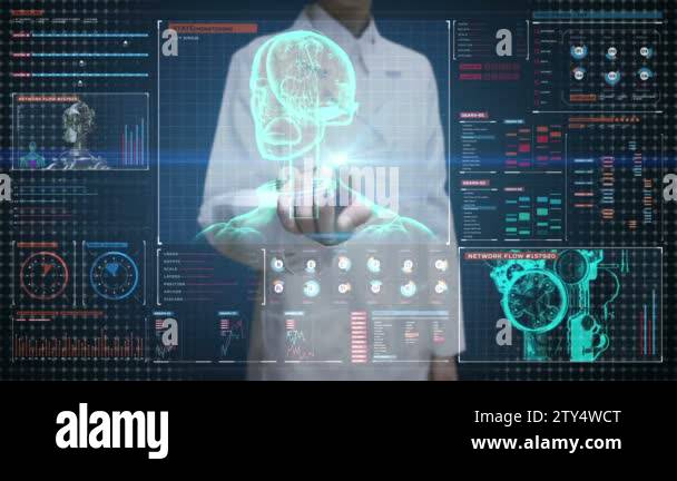 Female doctor touching digital screen, Rotating scanning robot body in ...