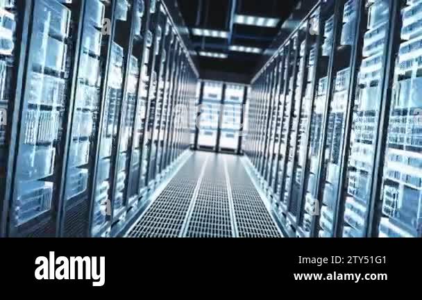 Network and data servers behind glass panels in a server room of a data ...