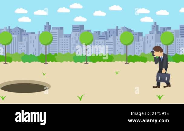 Businessman walking. Fall into the hole of modern city park. Field. Skyline building. Get caught ...