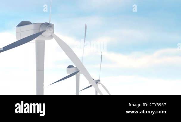 Rotation of wind turbines. Straight rows of windmills. Seamless looping ...