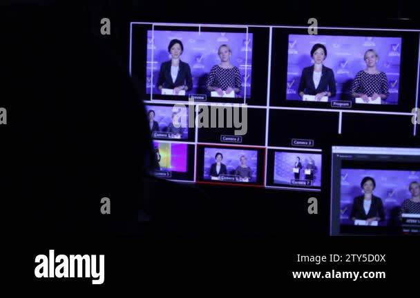 Monitor monitors in TV studio during tv ether. Control room Stock Video ...
