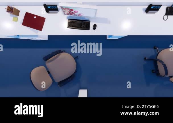 Top down view of empty hospital nurses station in a modern clinic. With ...