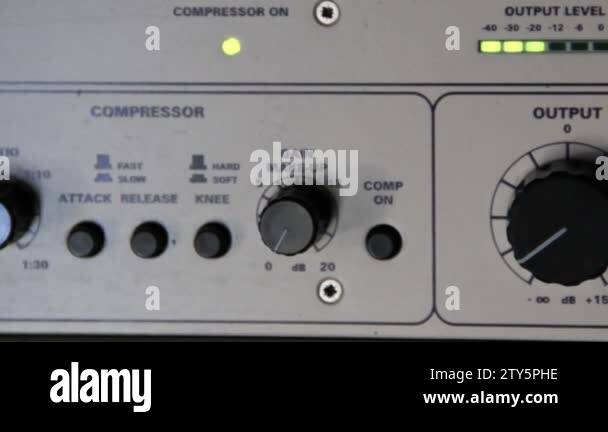 A rack of audio compressors of a sound reinforcement system in a ...