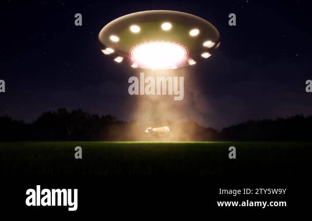 Ufo cow in retro style on light background. Country landscape. Alien ...