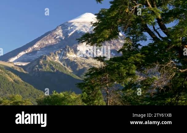 Gimbal shot of Lanin volcano in Lanin national park. Argentina ...