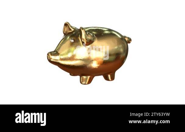 Gold and silver coins falling into a golden piggy Bank. 3D animation on ...